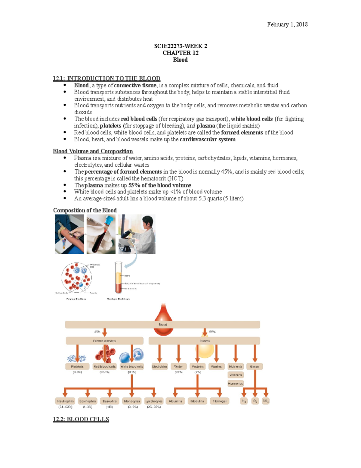 SCIE22273- WEEK 2 - Lecture notes 2 - SCIE22273-WEEK 2 CHAPTER 12 Blood ...