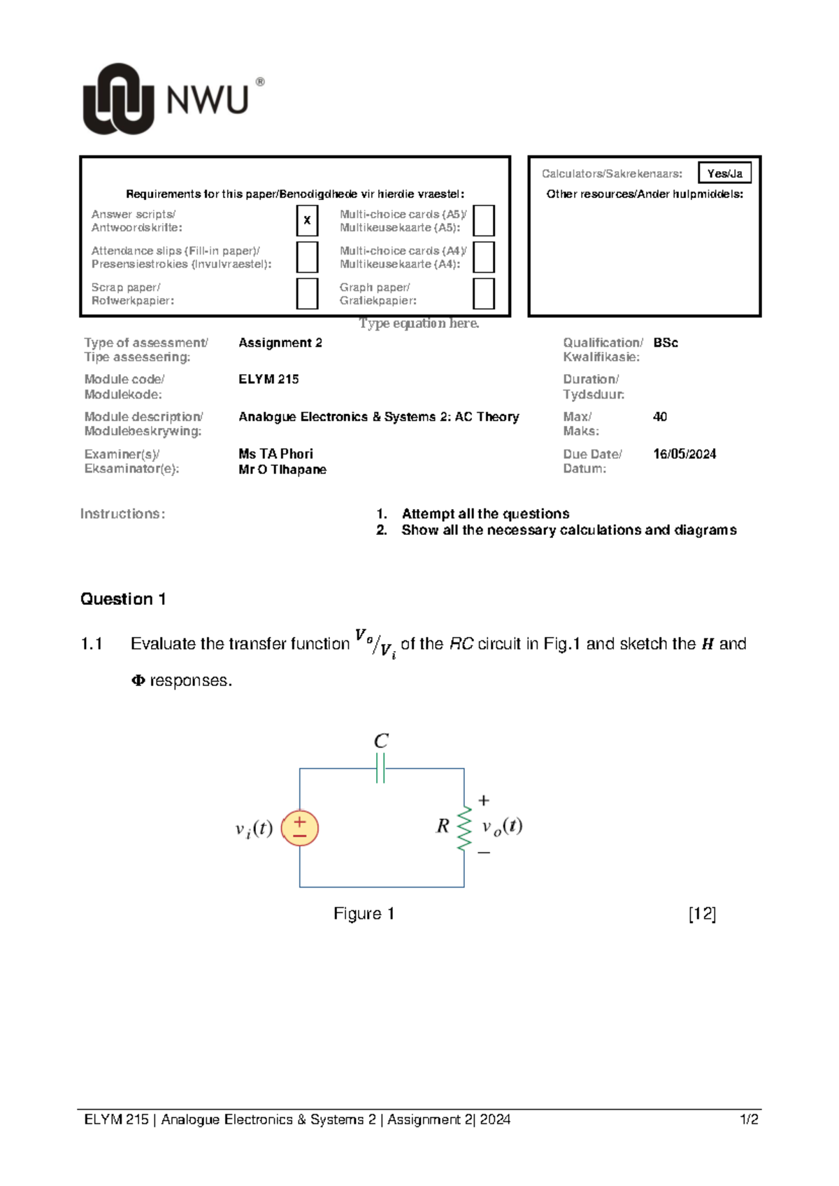 ELYM 215 Assignment 2 2024 x - ELYM 215 | Analogue Electronics & Systems 2 | Assignment 2| 202 4 ...