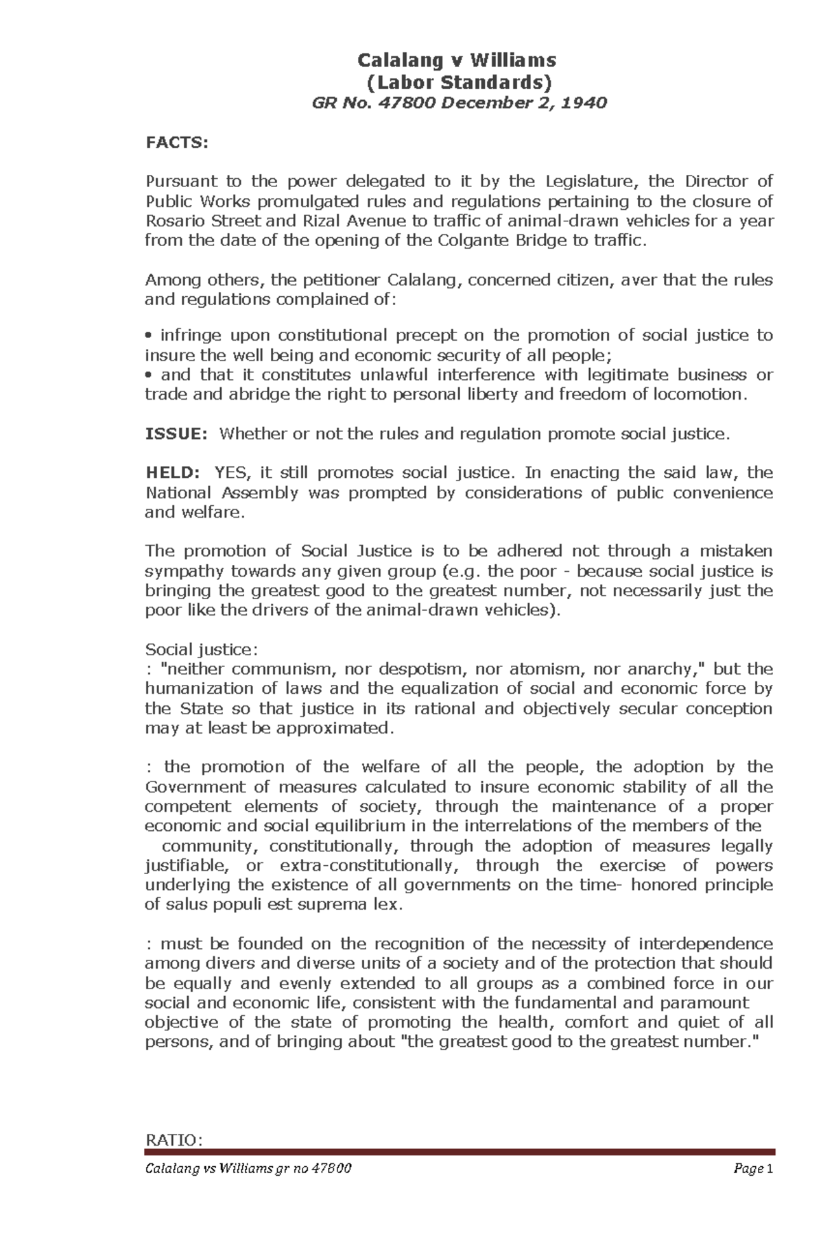Calalang v Williams GR No 47800 - Calalang v Williams (Labor Standards ...