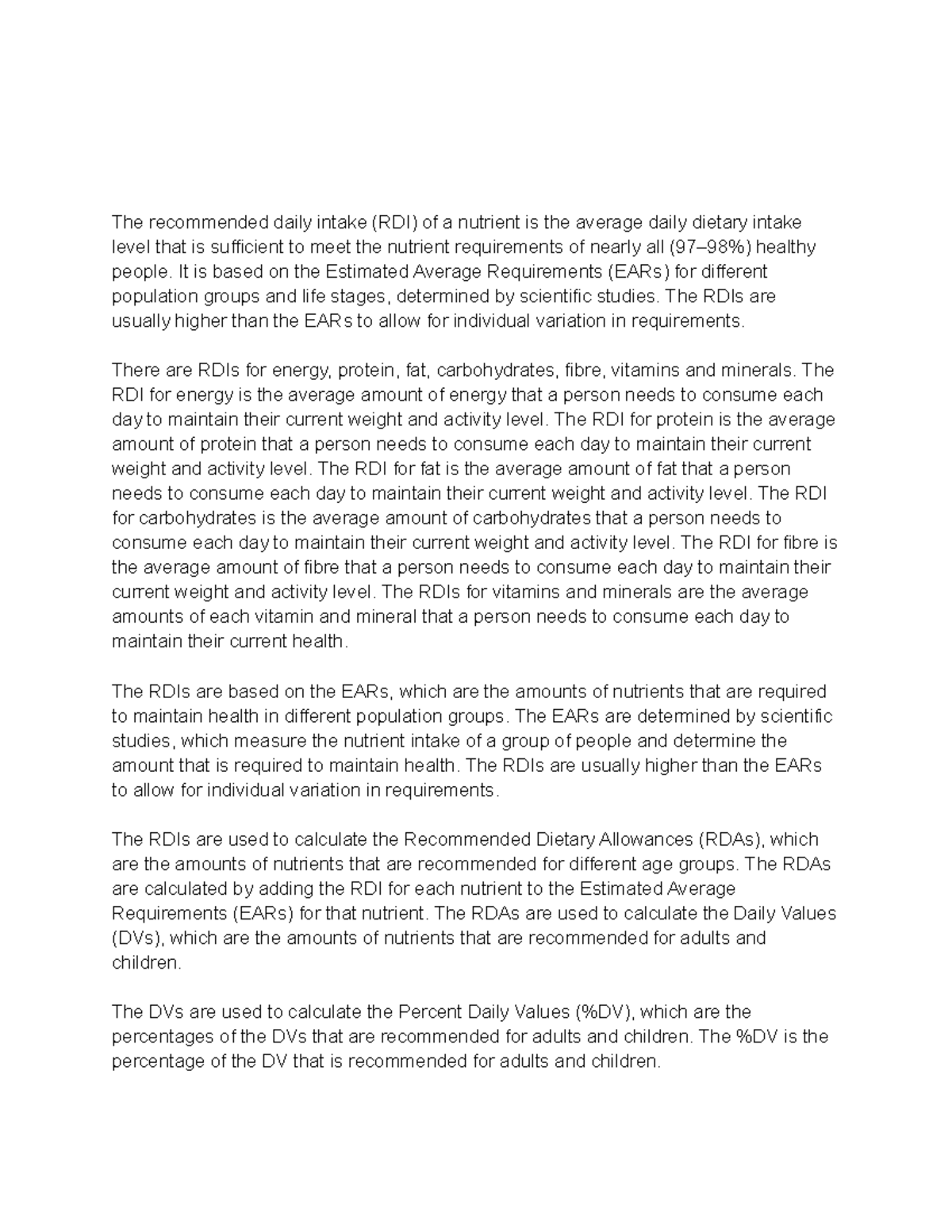 NUTR405 course outline - The recommended daily intake (RDI) of a ...