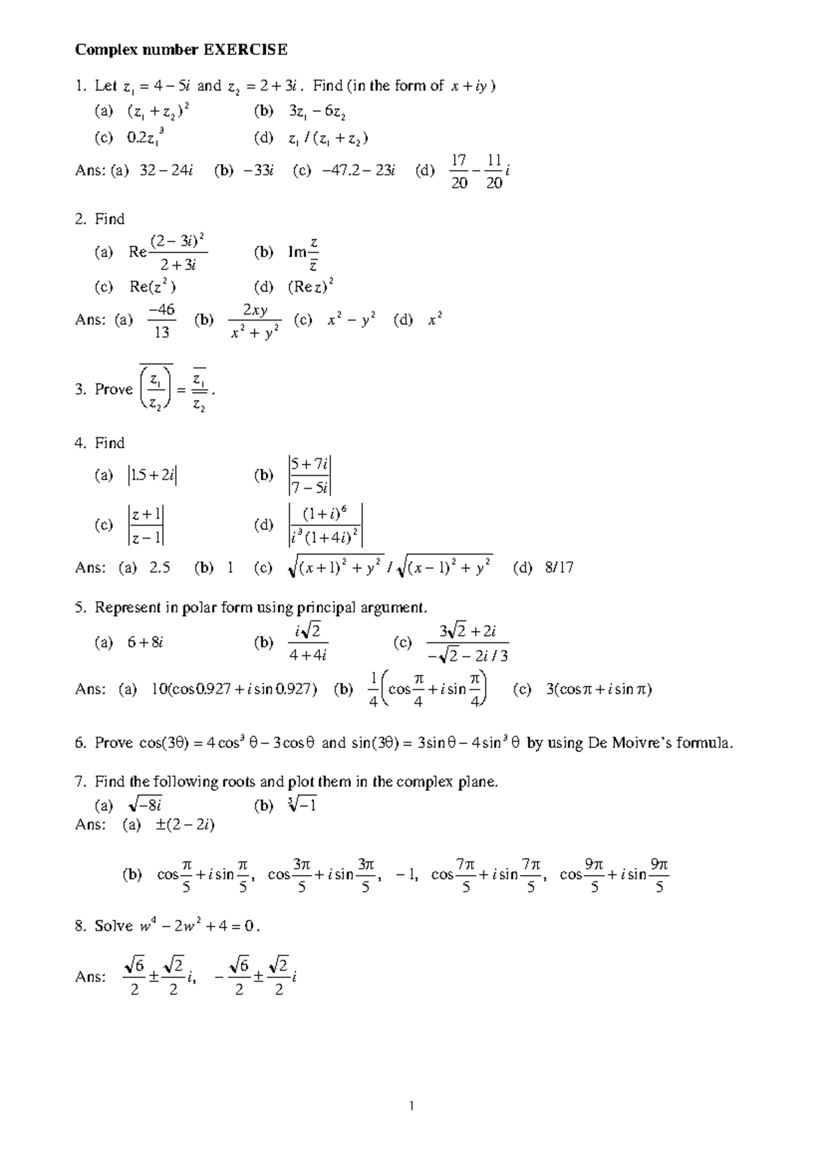 Math complex - tutorial - 1 Complex number EXERCISE Let z 1 4 5 iand z ...
