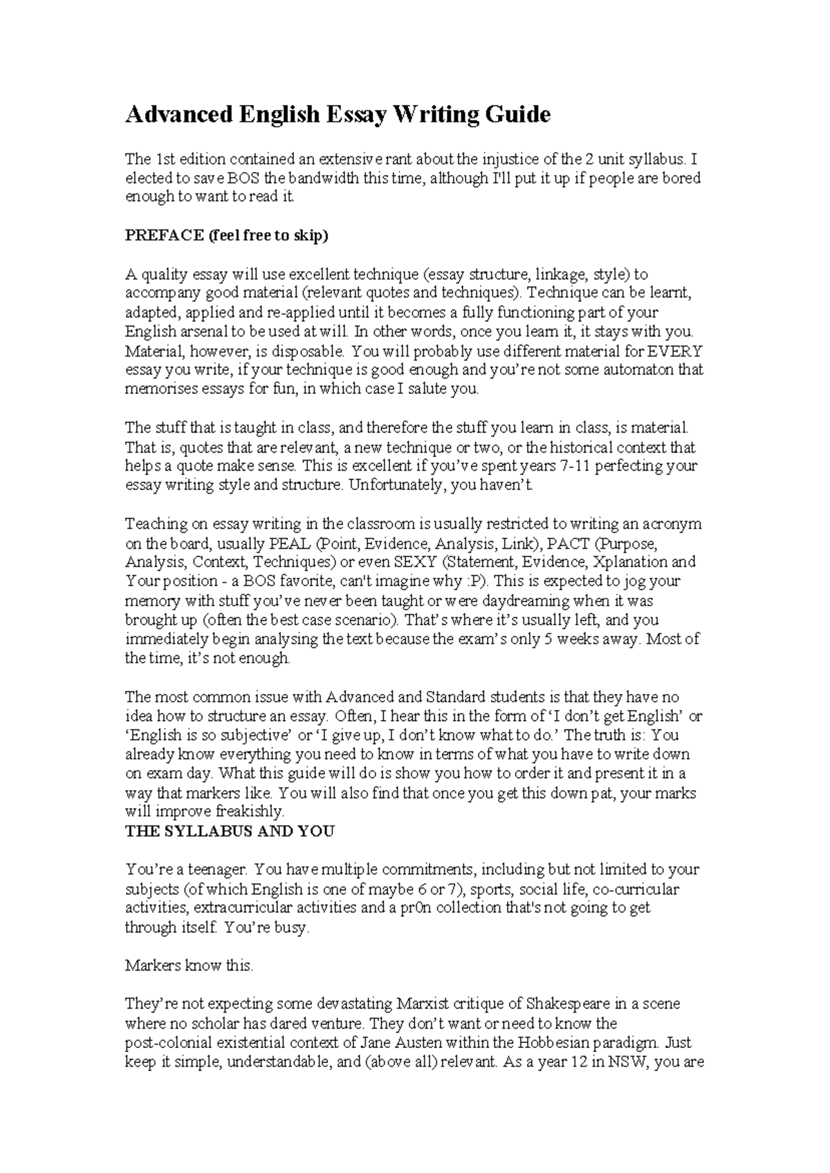 Advanced English Essay Writing Guide - I elected to save BOS the ...