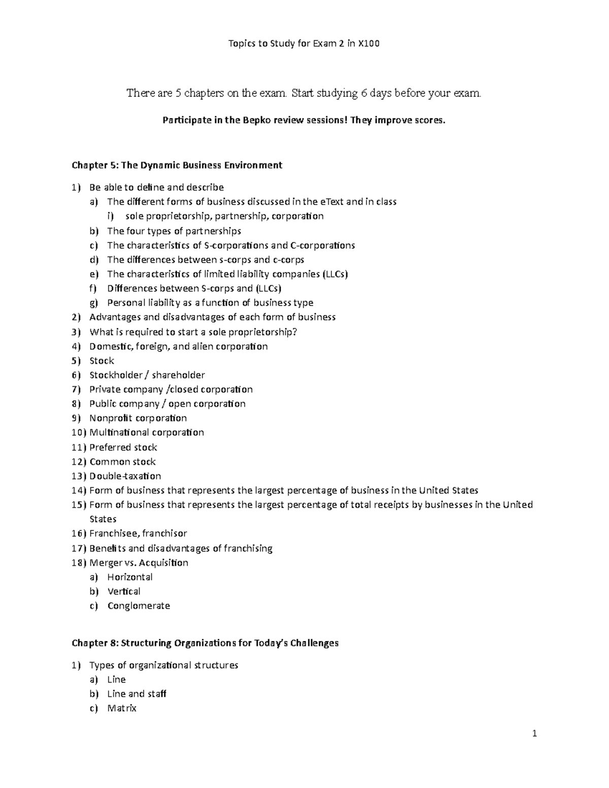 Study Topics for Exam 2 in X100 - There are 5 chapters on the exam ...