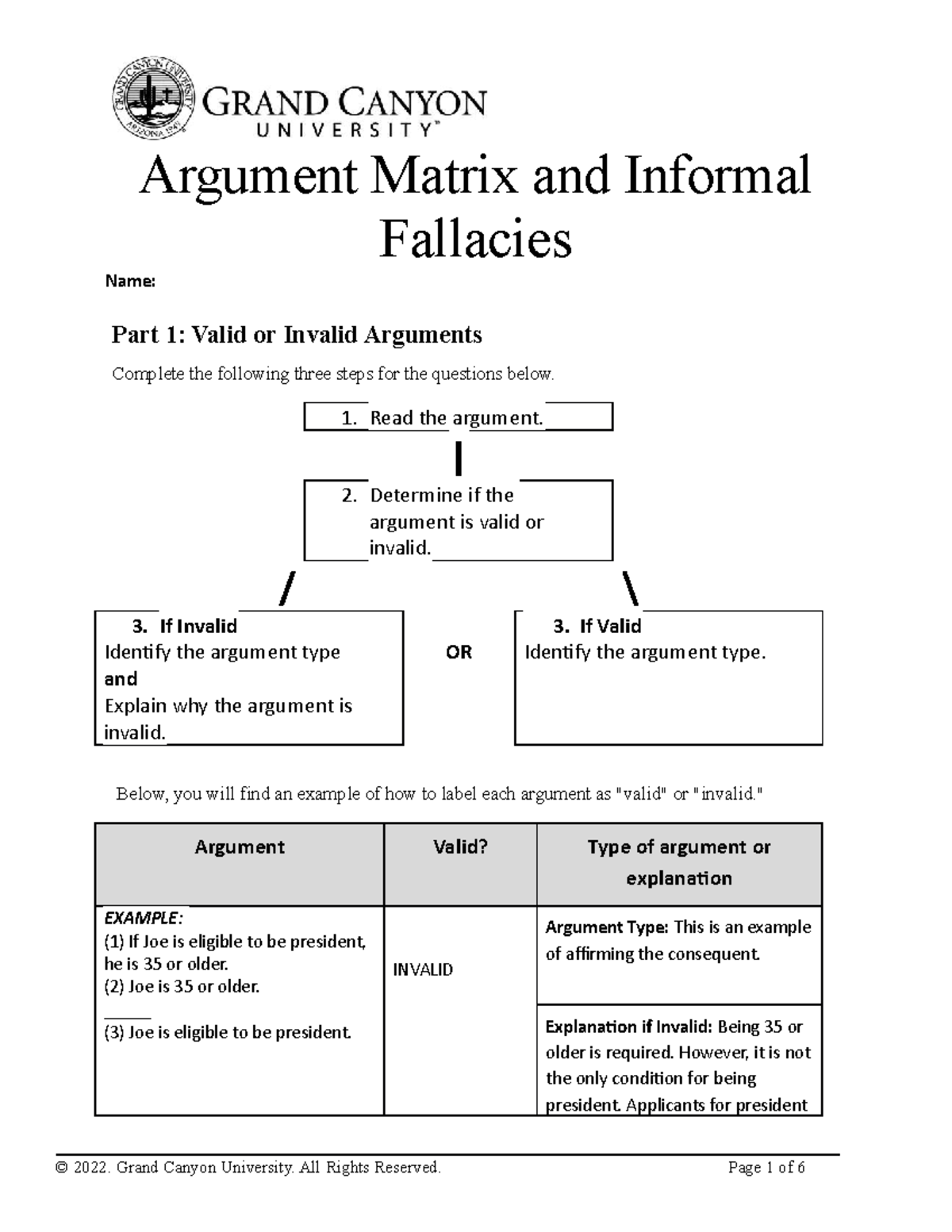 PHI 103 Argument Matrix Informal Fallacies - Argument Matrix and Informal Fallacies Name: Part 1 ...