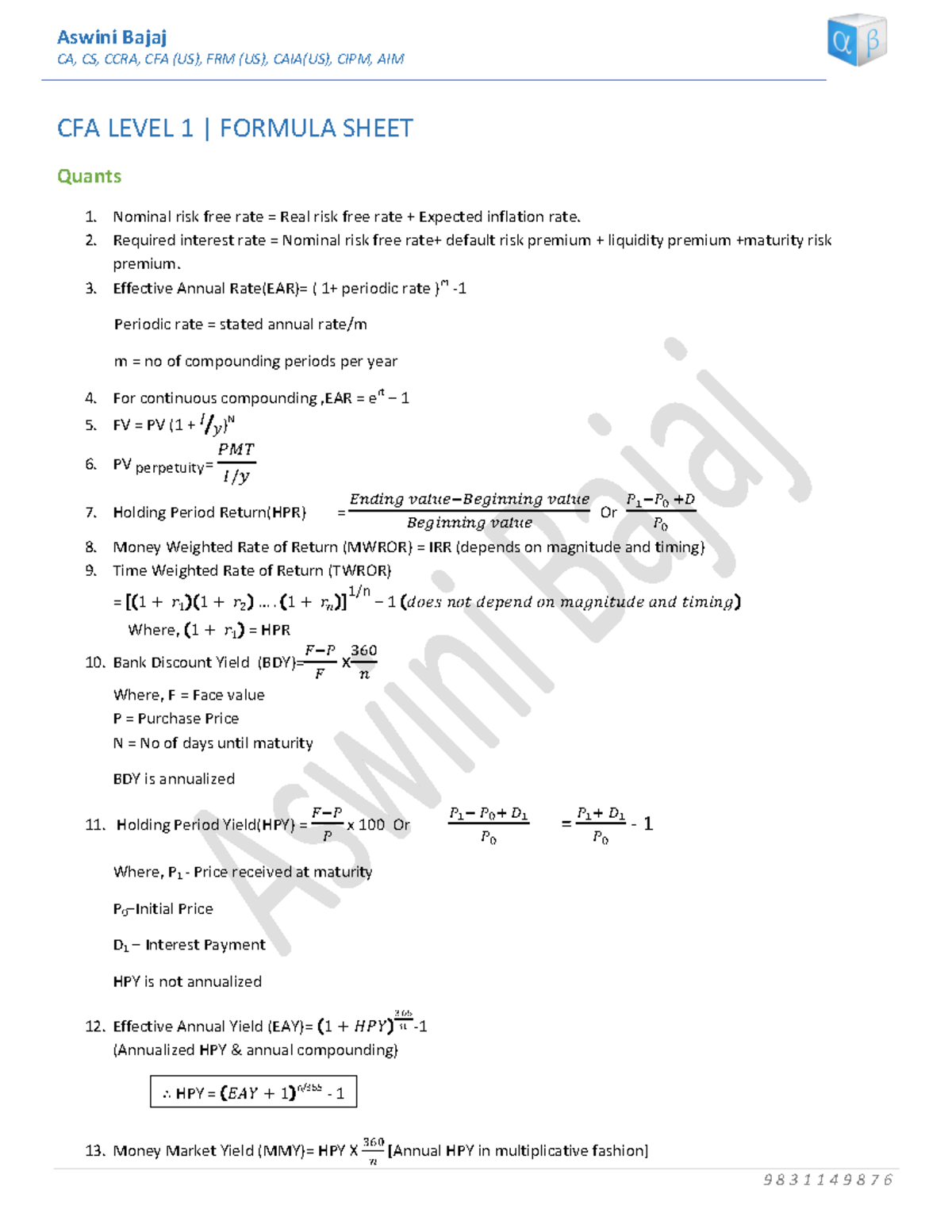 CFA L1 Formula Sheet - CFA LEVEL 1 - CA, CS, CCRA, CFA (US), FRM (US), CAIA(US), CIPM, AIM ∴ HPY ...
