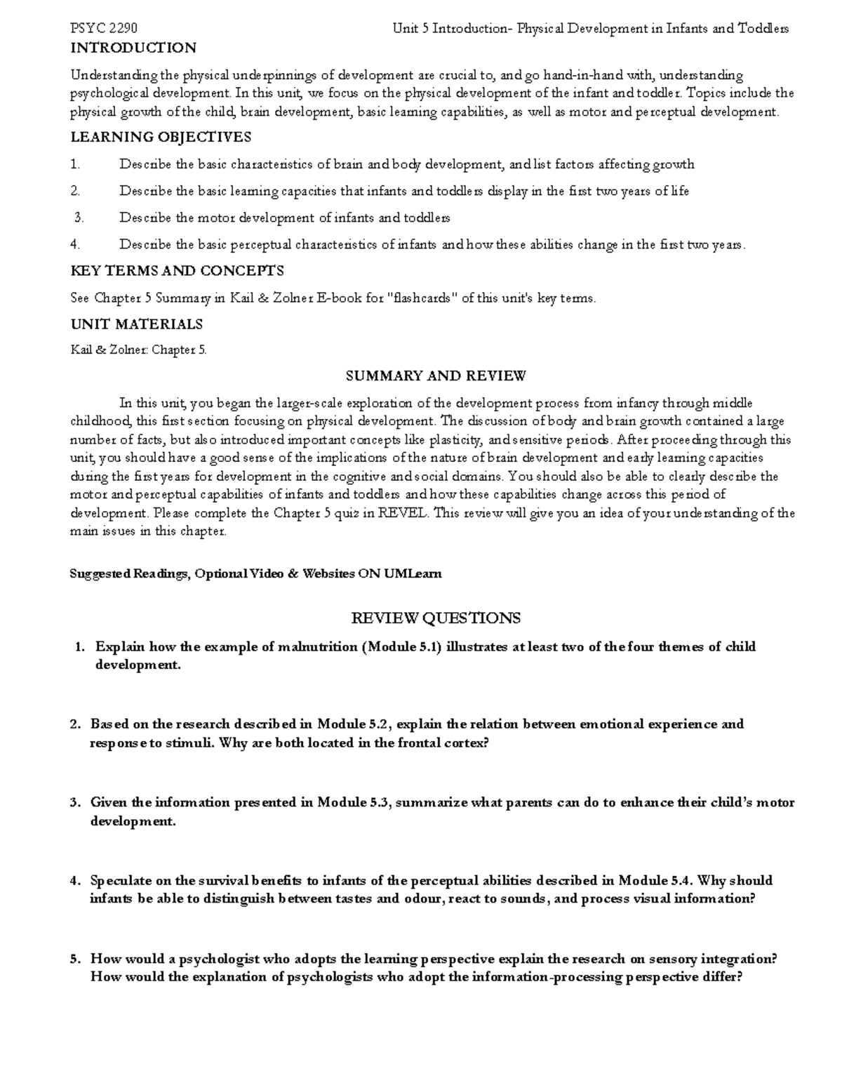 PSYC 2290 Unit 5 Introduction - PSYC 2290 Unit 5 Introduction- Physical Development in Infants ...