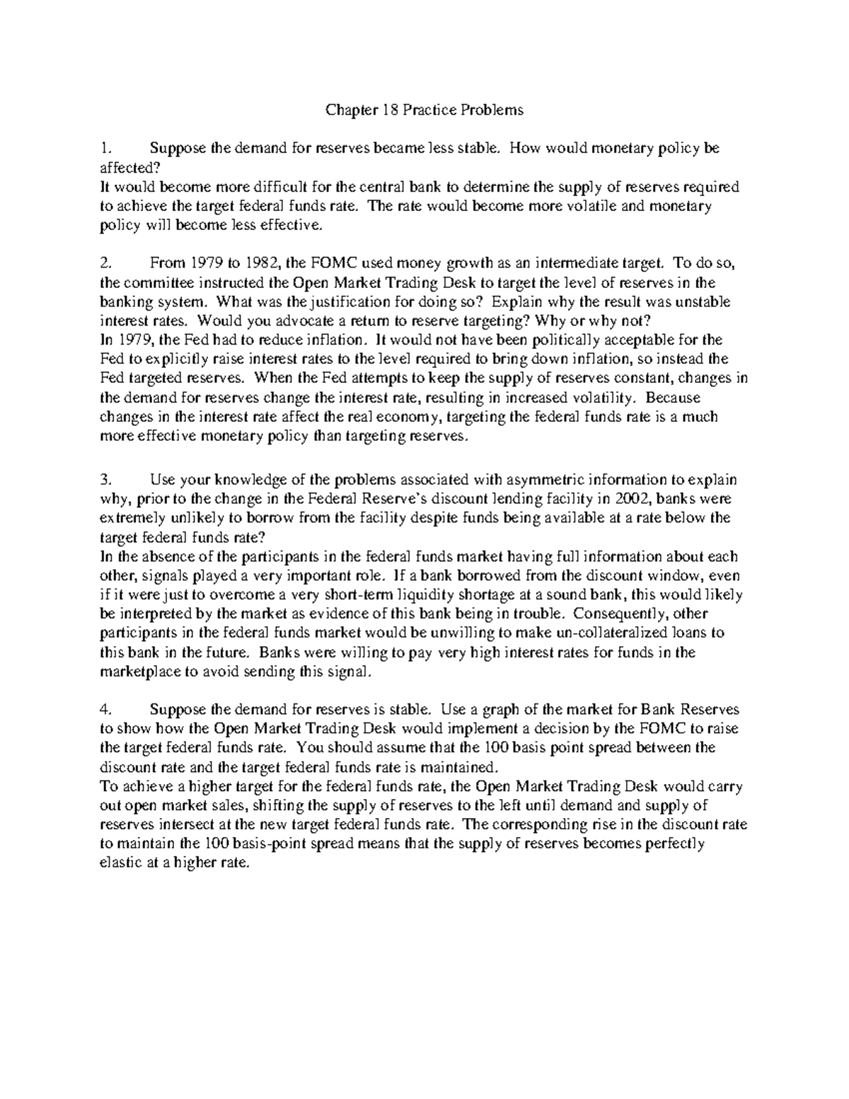Chapter 18 Ans 금융정책 18과 문제은행 문제지 정답 - Chapter 18 Practice Problems 1. Suppose the demand for ...