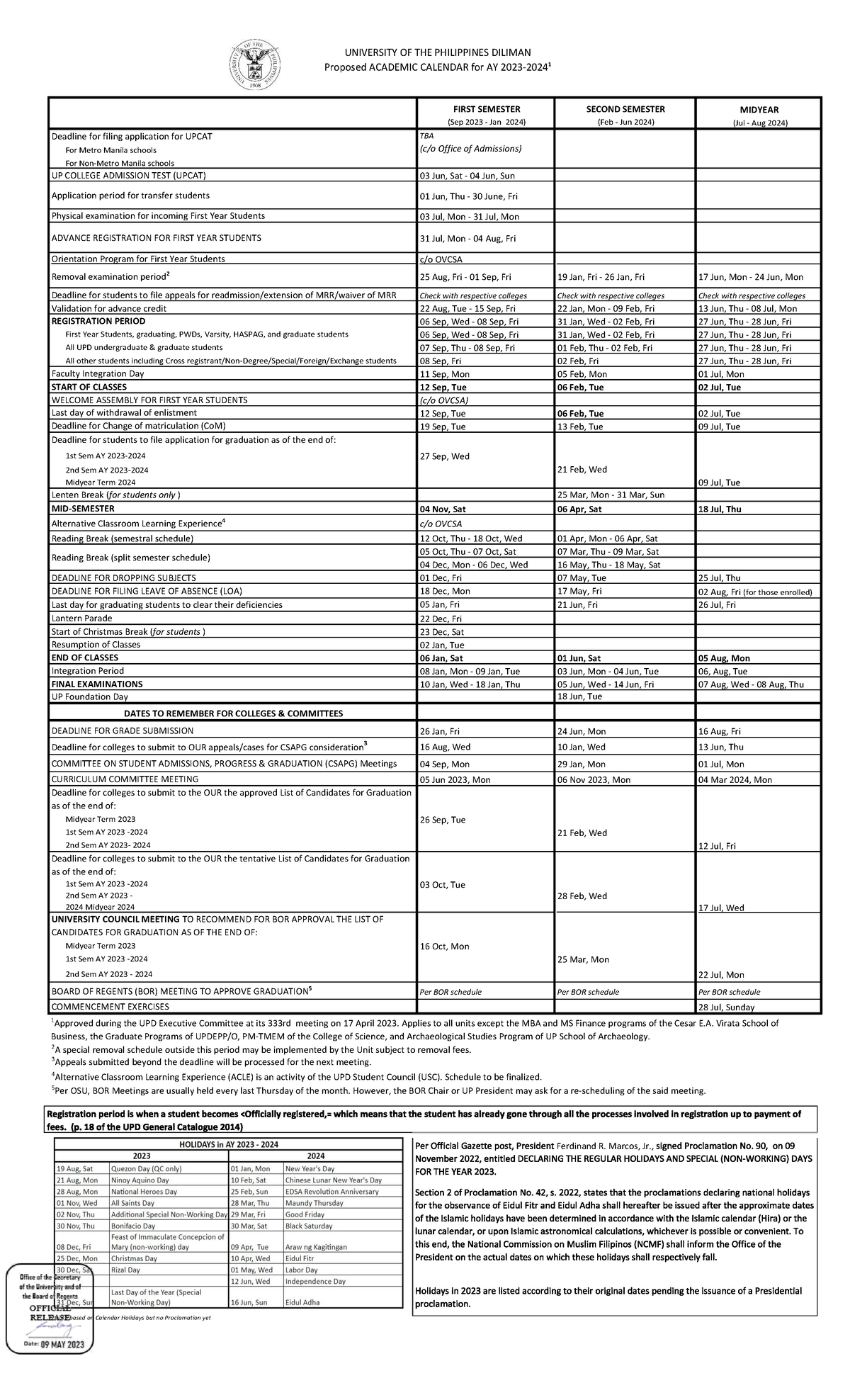 ACAD CAL 2023-2024 - Every day subjects Holidays and program Schedule ...