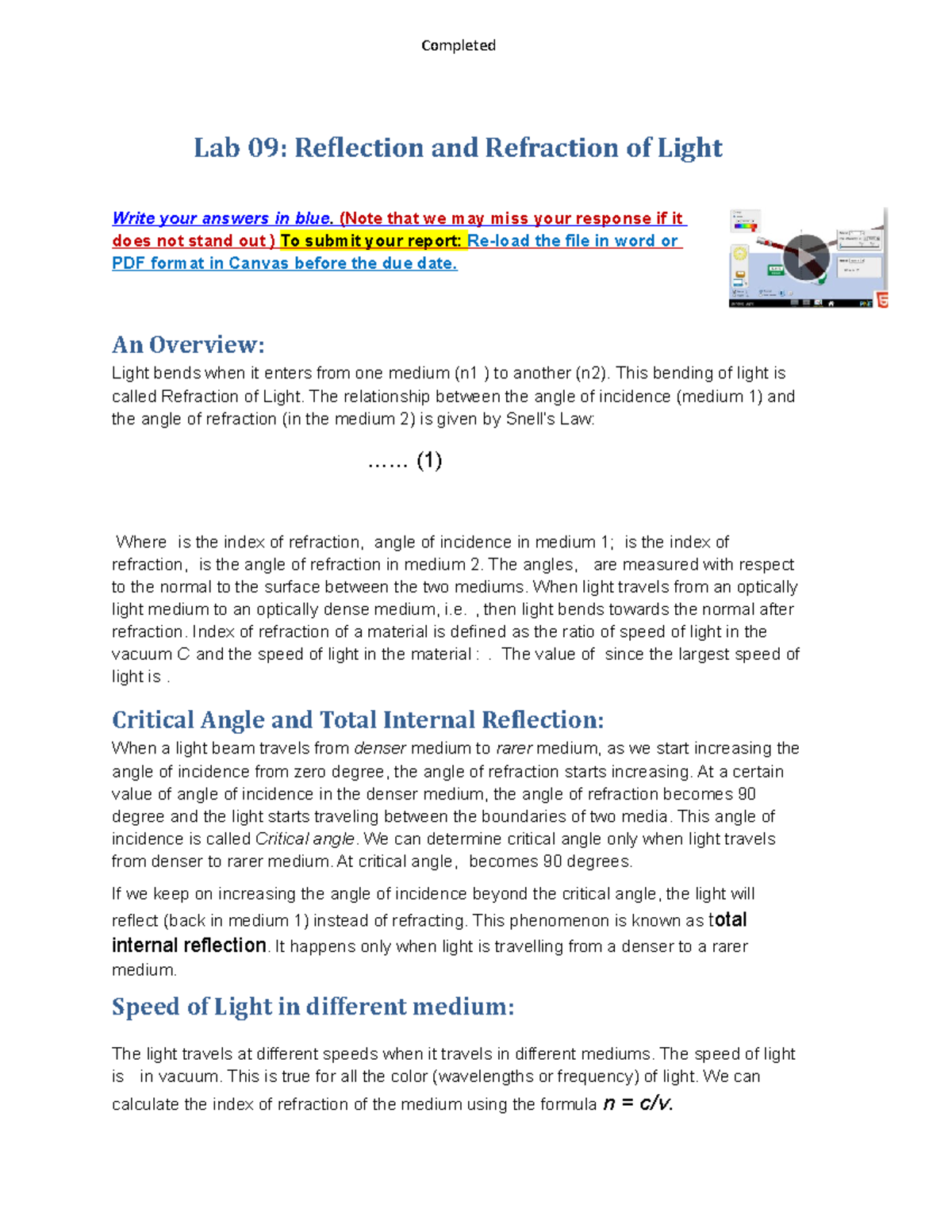 Lab 9 Download and Complete - Lab 09: Reflection and Refraction of ...