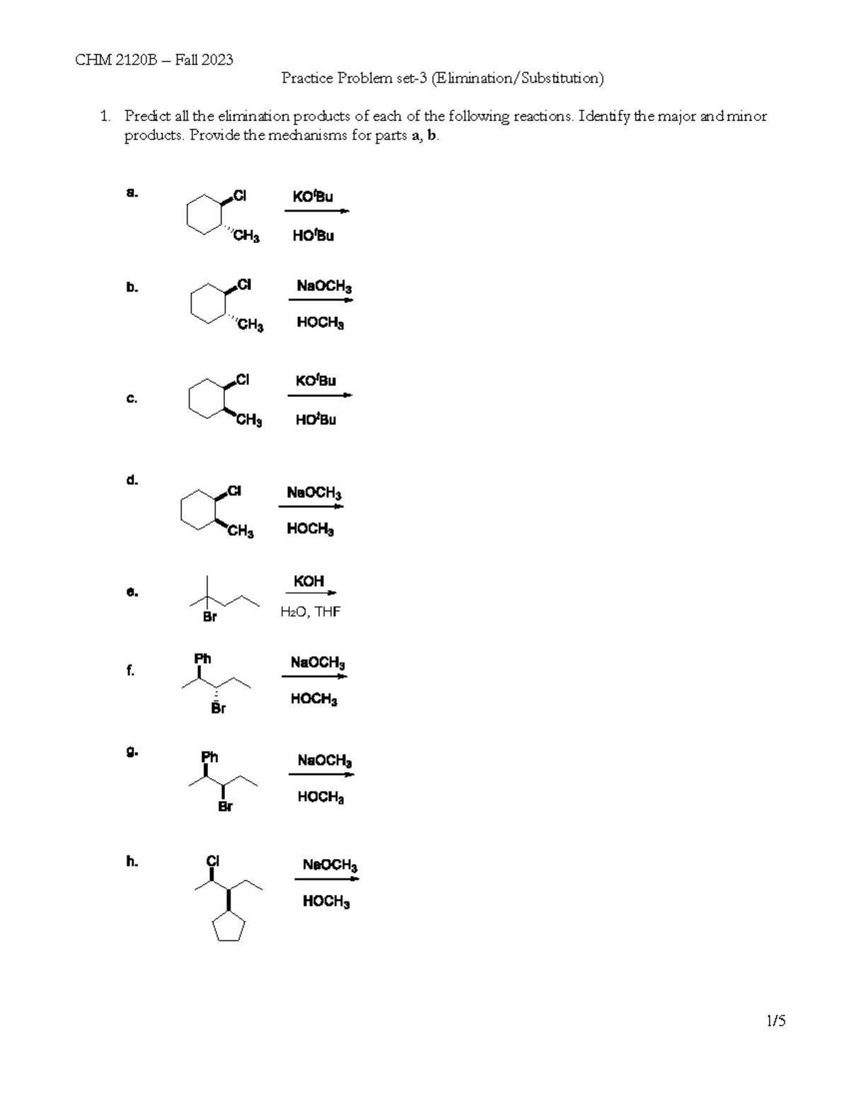 Problem Set 3 - SN2, SN1, E2 reactions - Practice Problem set- 3 ...