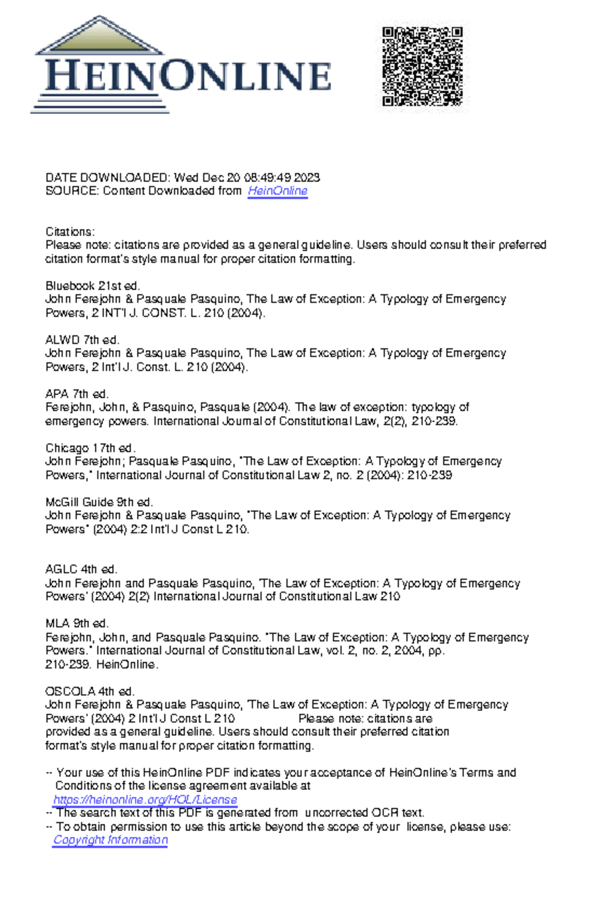 The law of the exception: A typology of emergency powers - ####### DATE ...