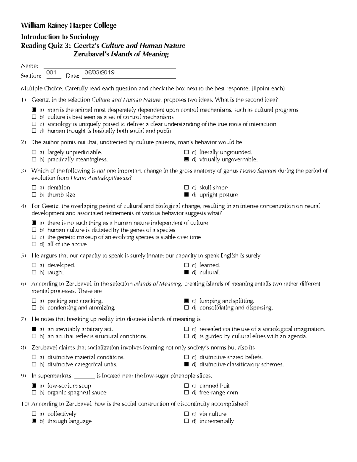 Soc101 quiz3 - quiz - William Rainey Harper College Introduction to ...