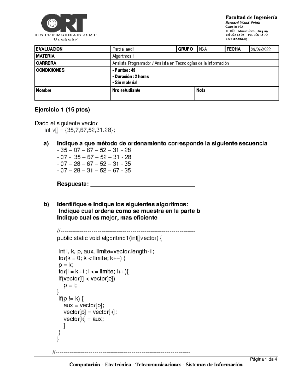 Parcial Algoritmos Y Estructura De Datos Ort Página 1 De 4 Bernard Wand Polak Cuareim 1451 11