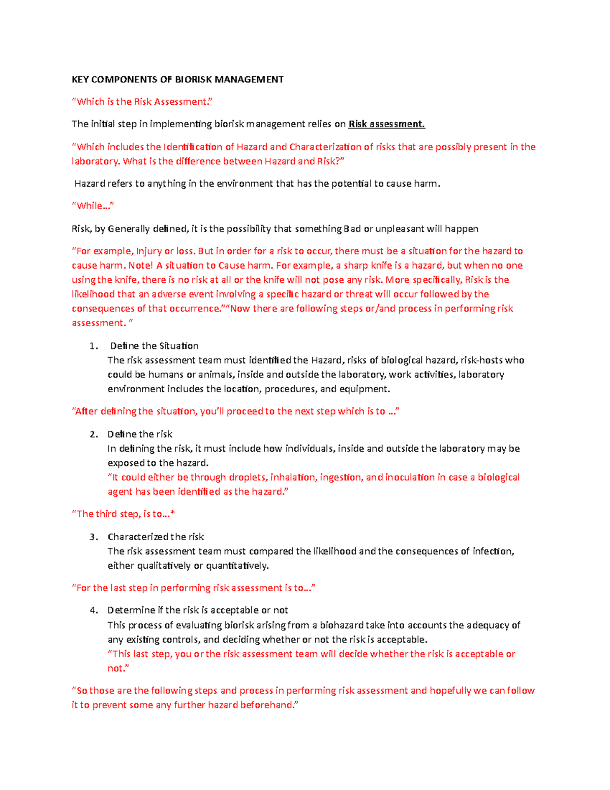 Risk assessment-Ira - lesson 7 - Biorisk Management - KEY COMPONENTS OF ...