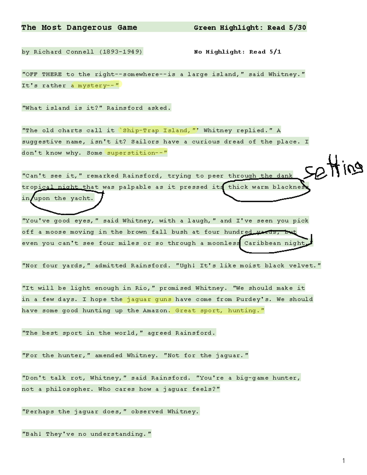 Copy of Most Dangerous Game - The Most Dangerous Game Green Highlight ...