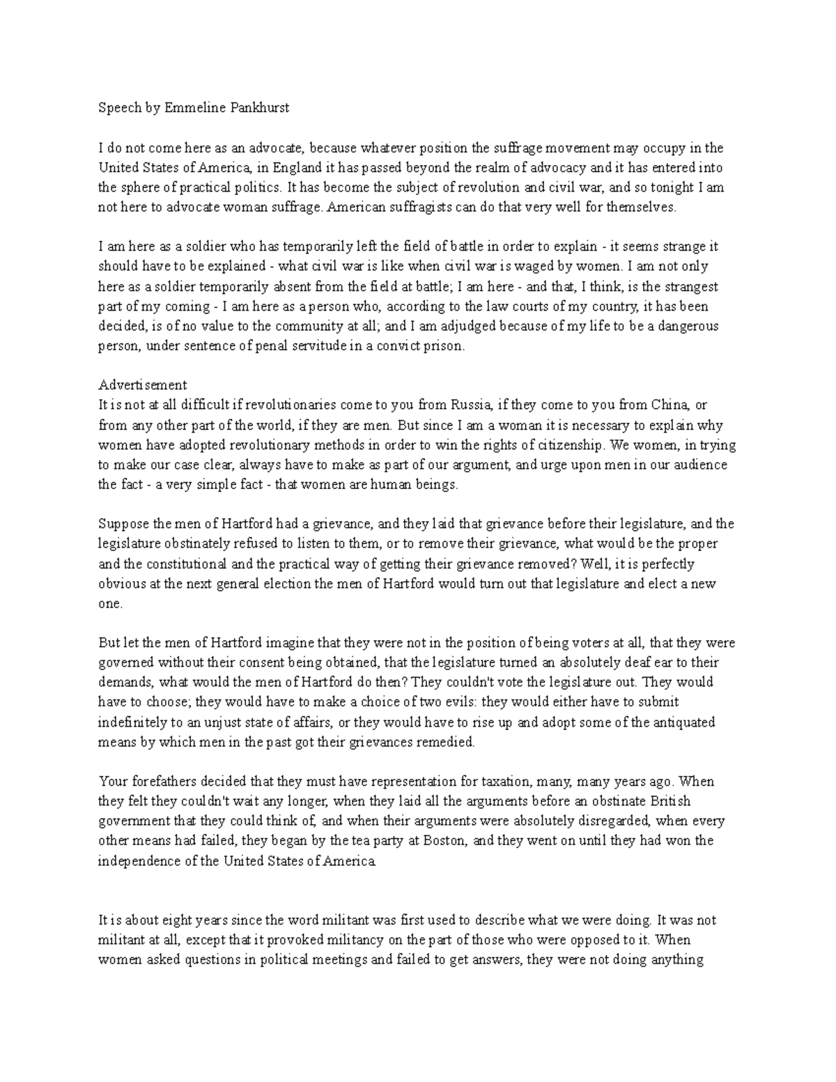 Speech by Emmeline Pankhurst 1 - It has become the subject of ...