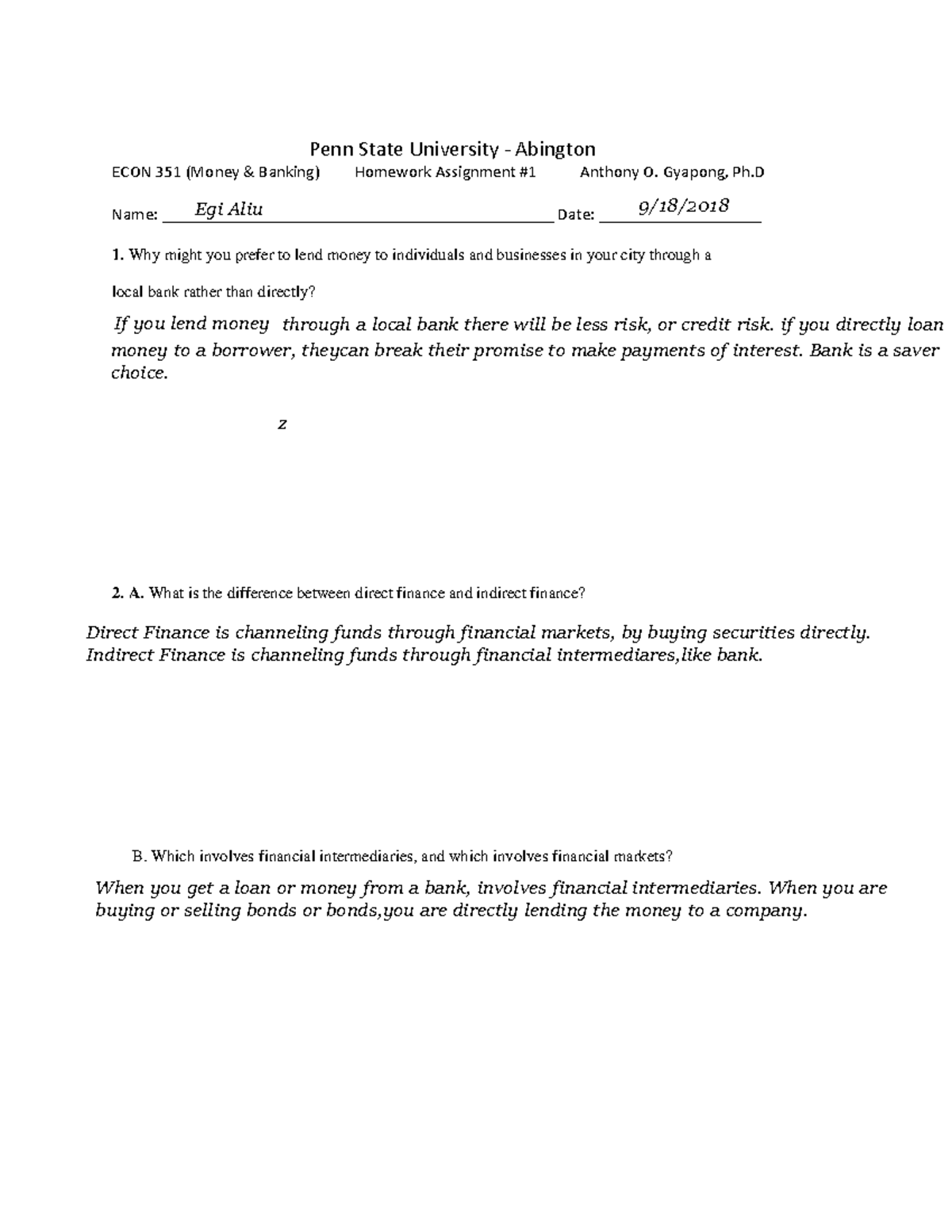 Econ 351 Assignment #1 - Penn State University Abington ECON 351 (Money ...