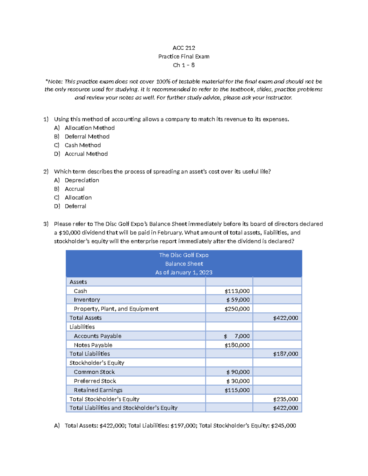 ACC 212 Practice Final Exam - It is recommended to refer to the textbook, slides, practice ...