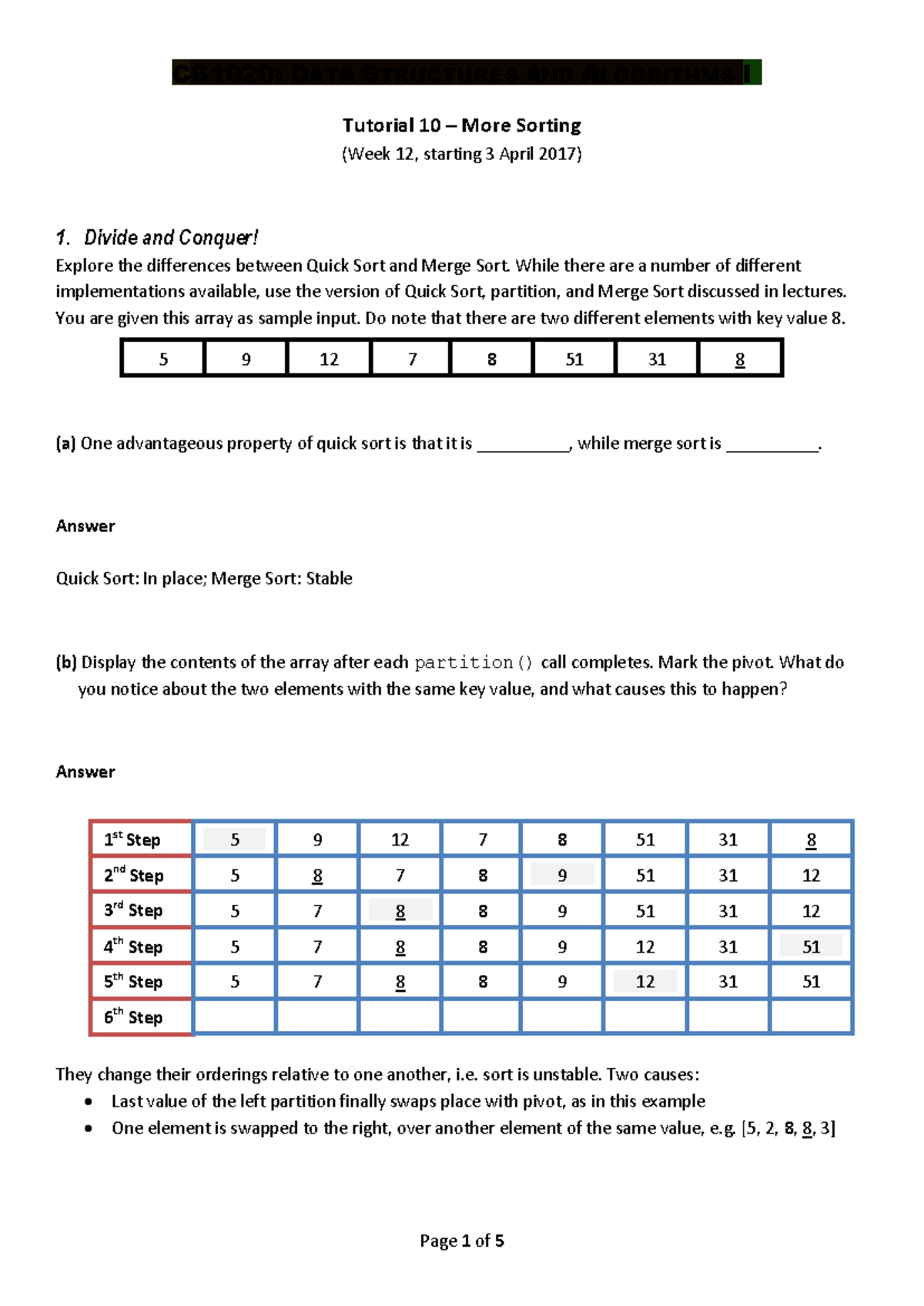 Divide And Conquer Ans Java Programming Cs1020 Data Structures And 2394