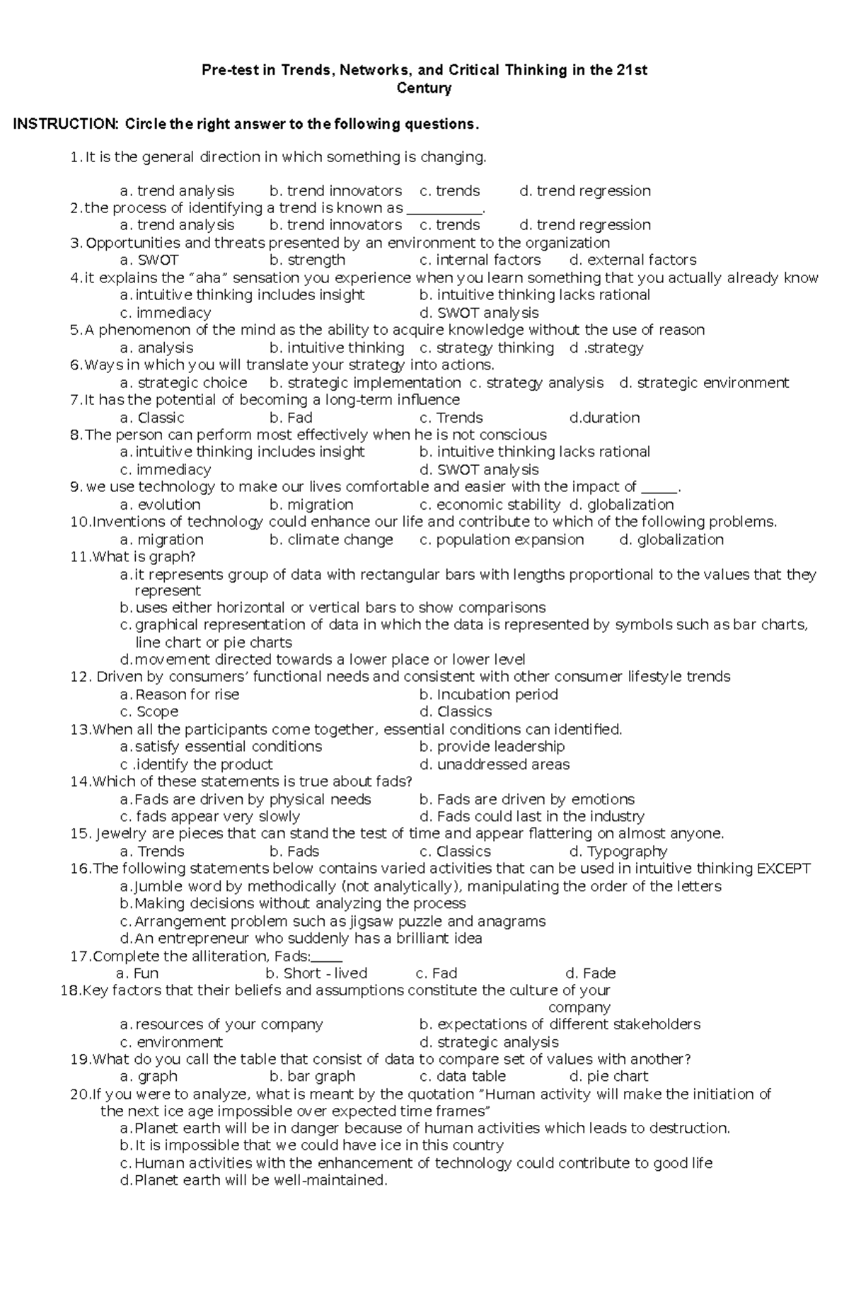 Trend Pretest - Pre-test in Trends, Networks, and Critical Thinking in ...