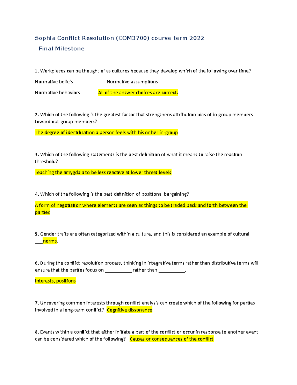 Conflict Resolution Final Milestone Exam course Comm 2022 - Sophia ...