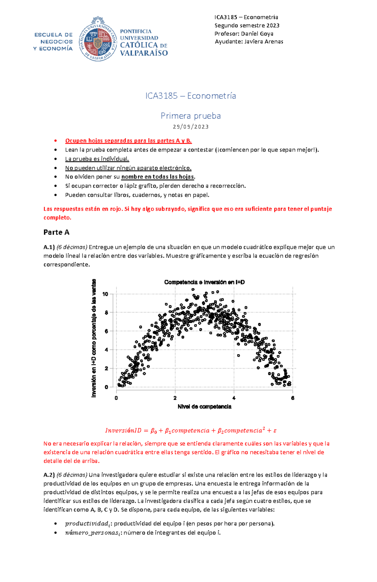 2023-2 - prueba econometria con la resolucion - Segundo semestre 20 23 Profesor: Daniel Goya ...
