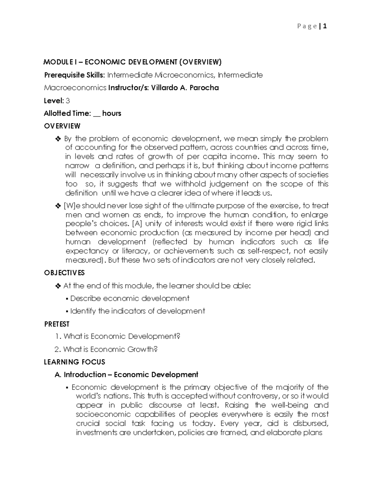 Module 1 Economic Developmen - P a g e | 1 MODULE I – ECONOMIC ...