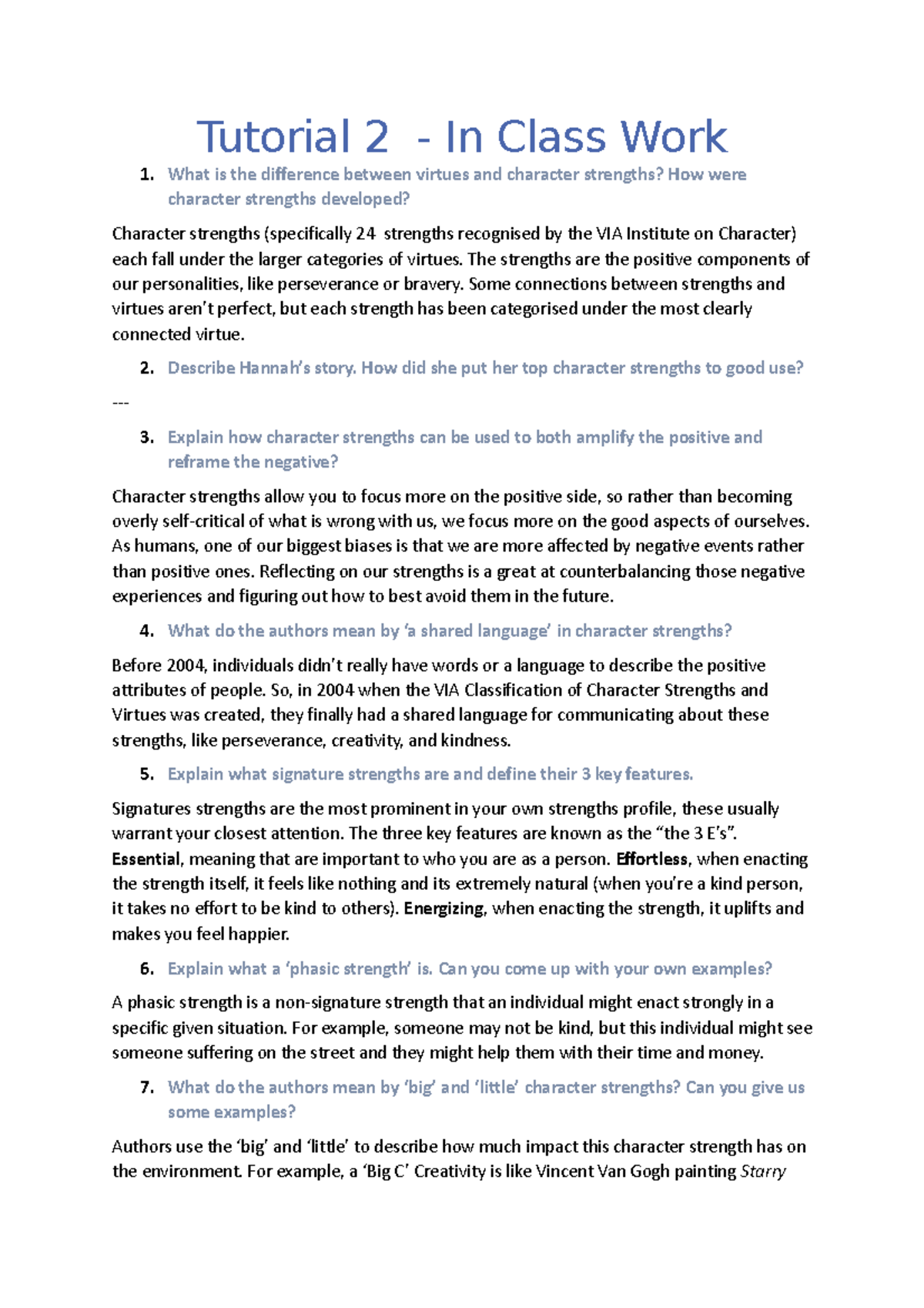 In Class Tutorial 2 Work - Tutorial 2 - In Class Work What is the ...