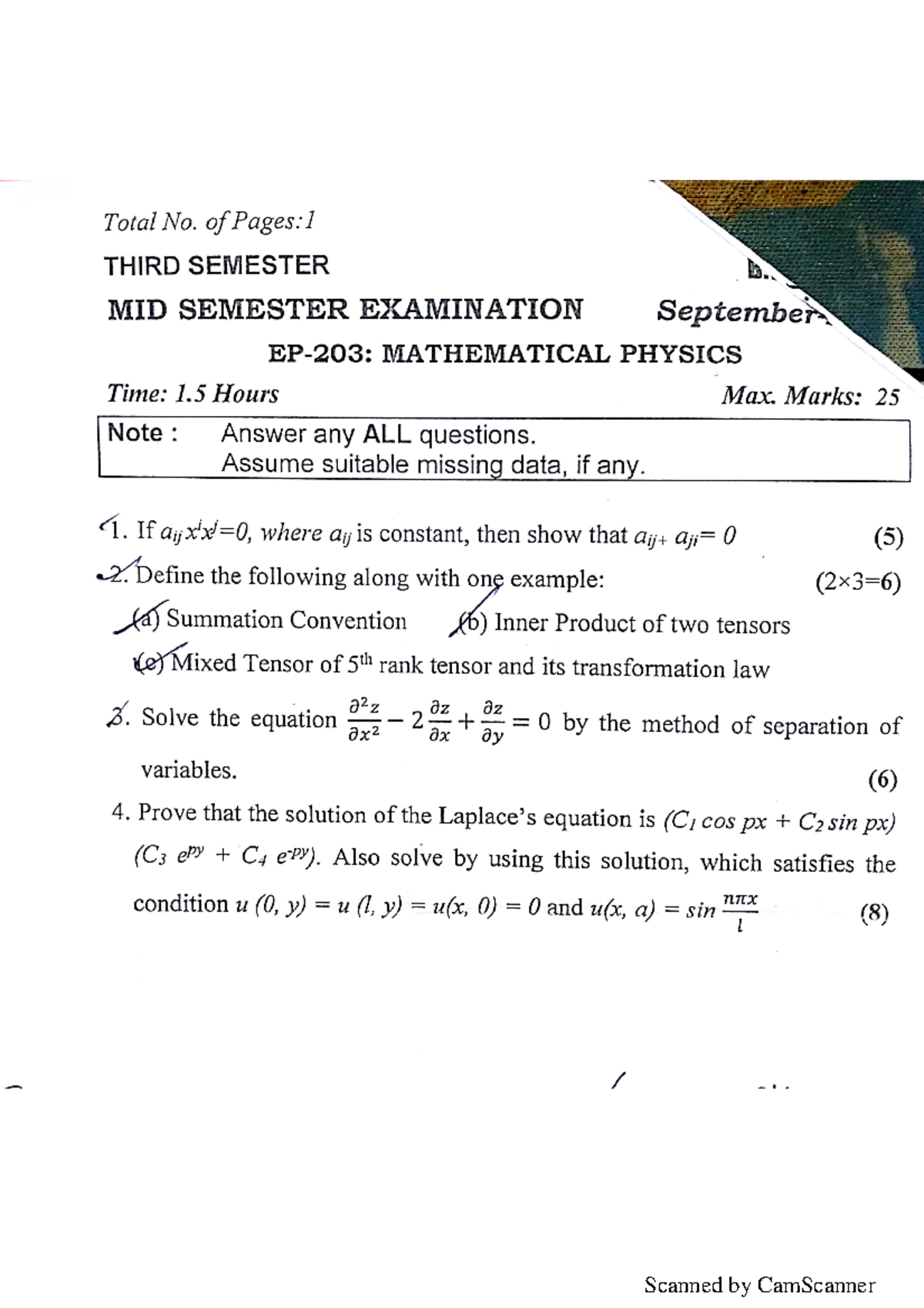 MP mid sem 2017 - Question on MP - Mathematical Physics - Scanned by ...