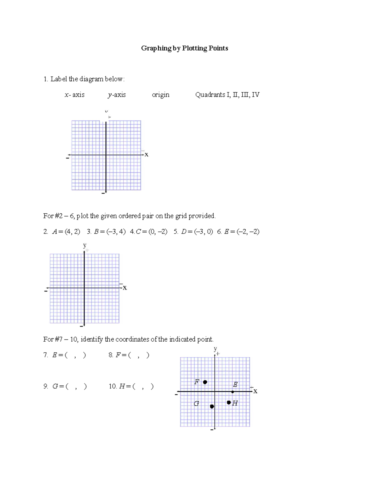 Graphing - A = (4, 2) 3. B = (–3, 4) 4 = (0, –2) 5. D = (–3, 0) 6. E ...