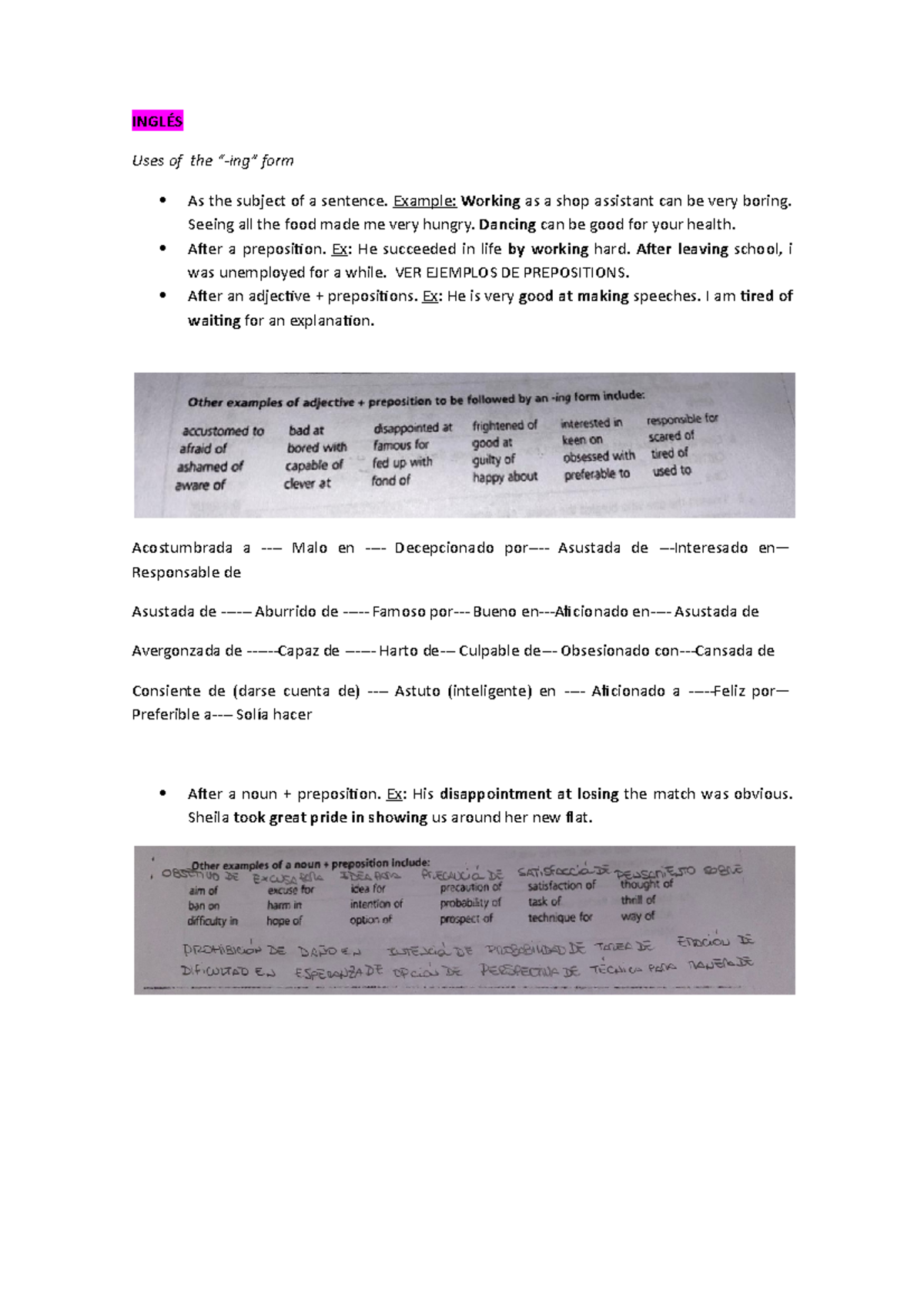 Inglés - usos de ing form - INGLÉS Uses of the “-ing” form As the ...