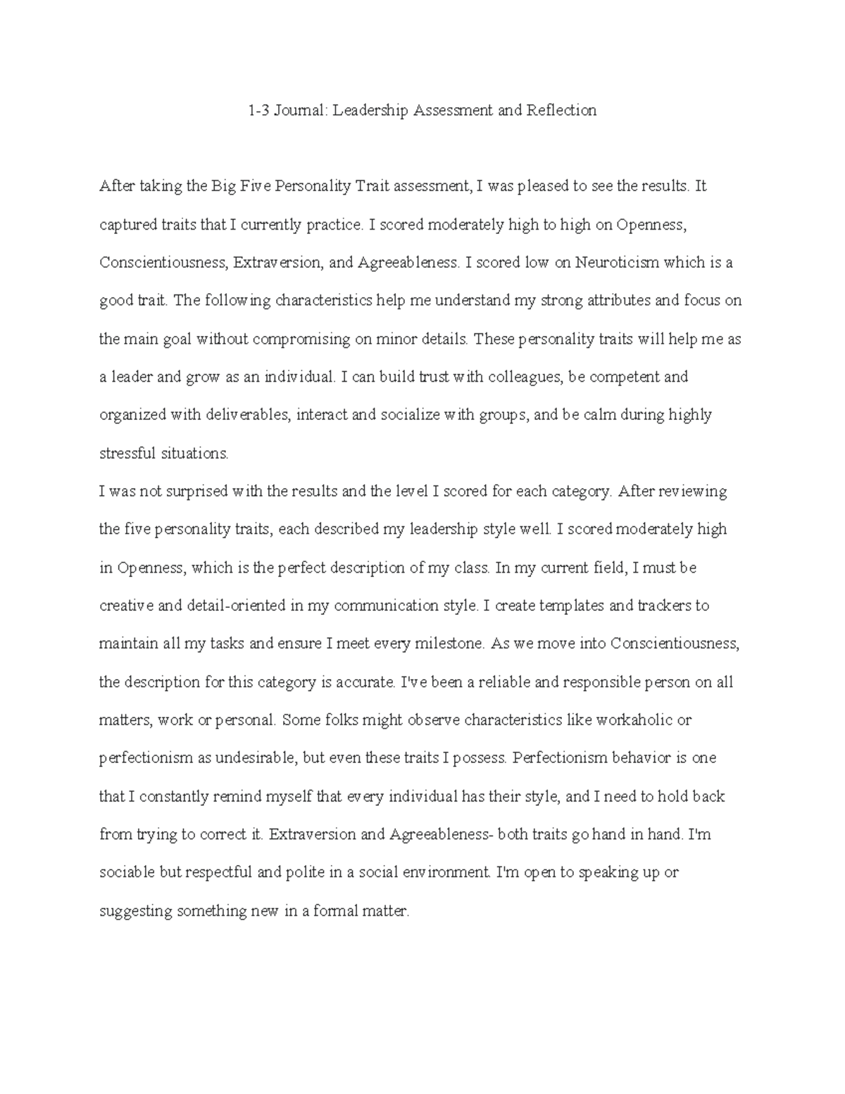 1-3 Journal- Leadership Assessment and Reflection - It captured traits ...