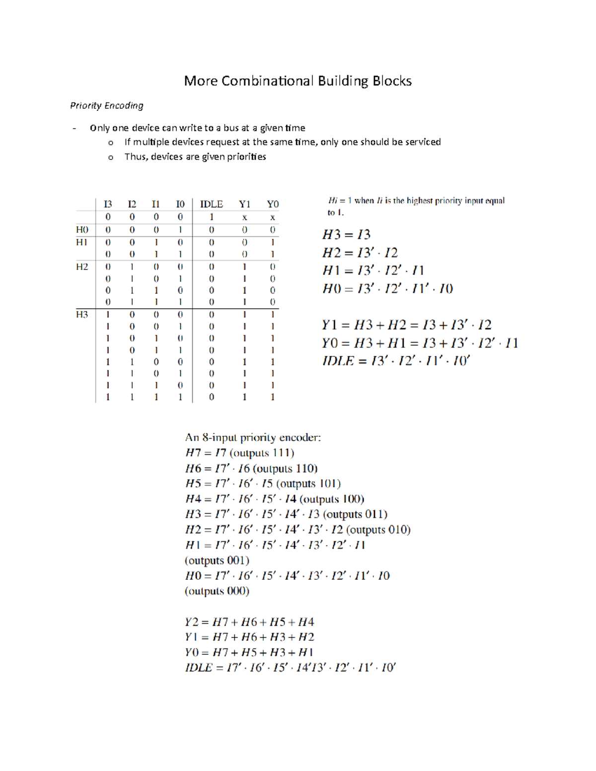Lec 9 Lecture Notes On Additional Combinational Building Blocks Includes Notes On More