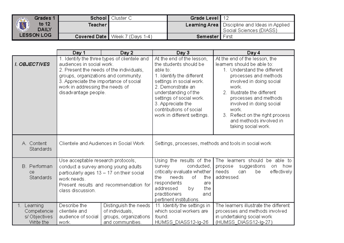 DLP7 - lesson for shs - Grades 1 to 12 DAILY LESSON LOG School Cluster ...
