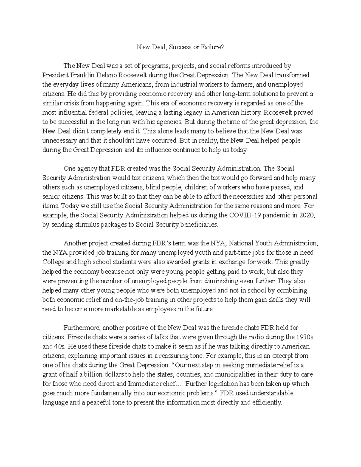 US History Essay - New Deal, Success or Failure? The New Deal was a set ...