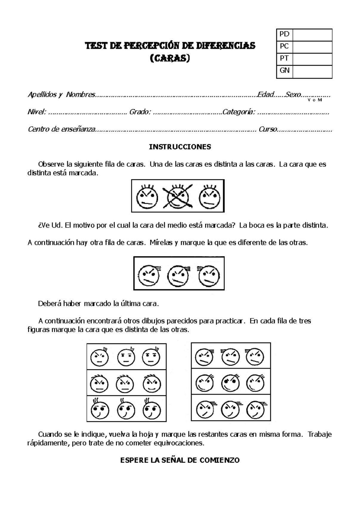 Protocolocaras - Protocolo Test Caras - V o M TEST DE PERCEPCIÓN DE ...