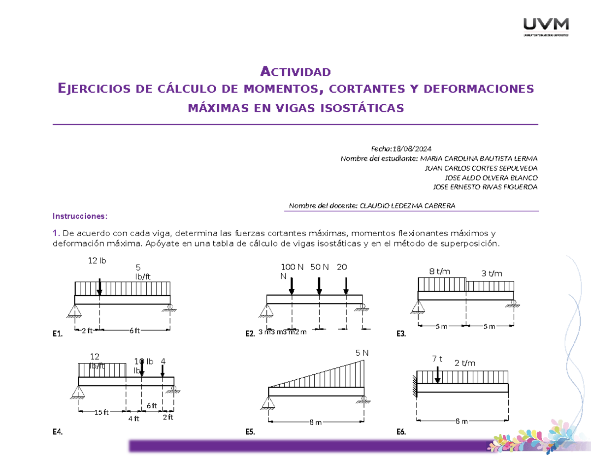 Actividad 15 Vigas isostáticas - 2 ft 6 ft 3 m 3 m 3 m 2 m 15 ft 6 ft 4 ft 2 ft 8 m 8 m ...
