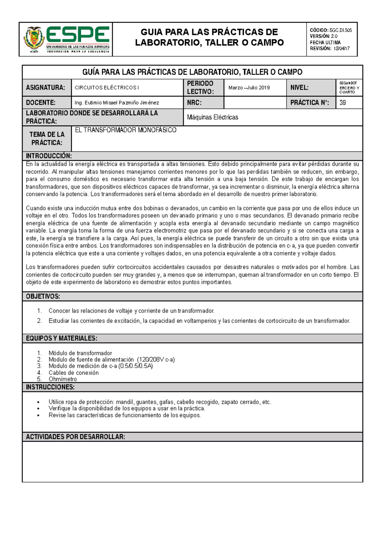 EL Transformador Monofásico - GUIA PARA LAS DE LABORATORIO, TALLER O CAMPO SGC.DI 2 FECHA ULTIMA ...
