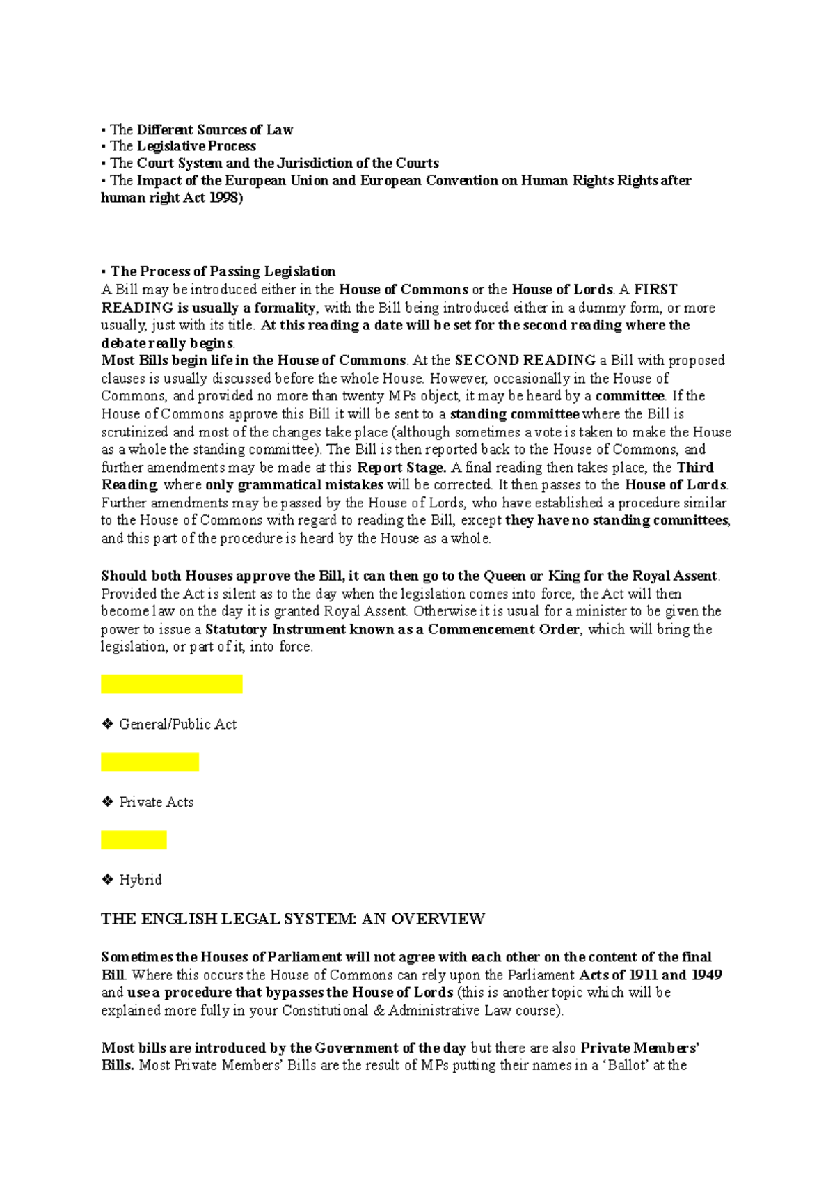 ILS Notes - The Different Sources of Law The Legislative Process The ...