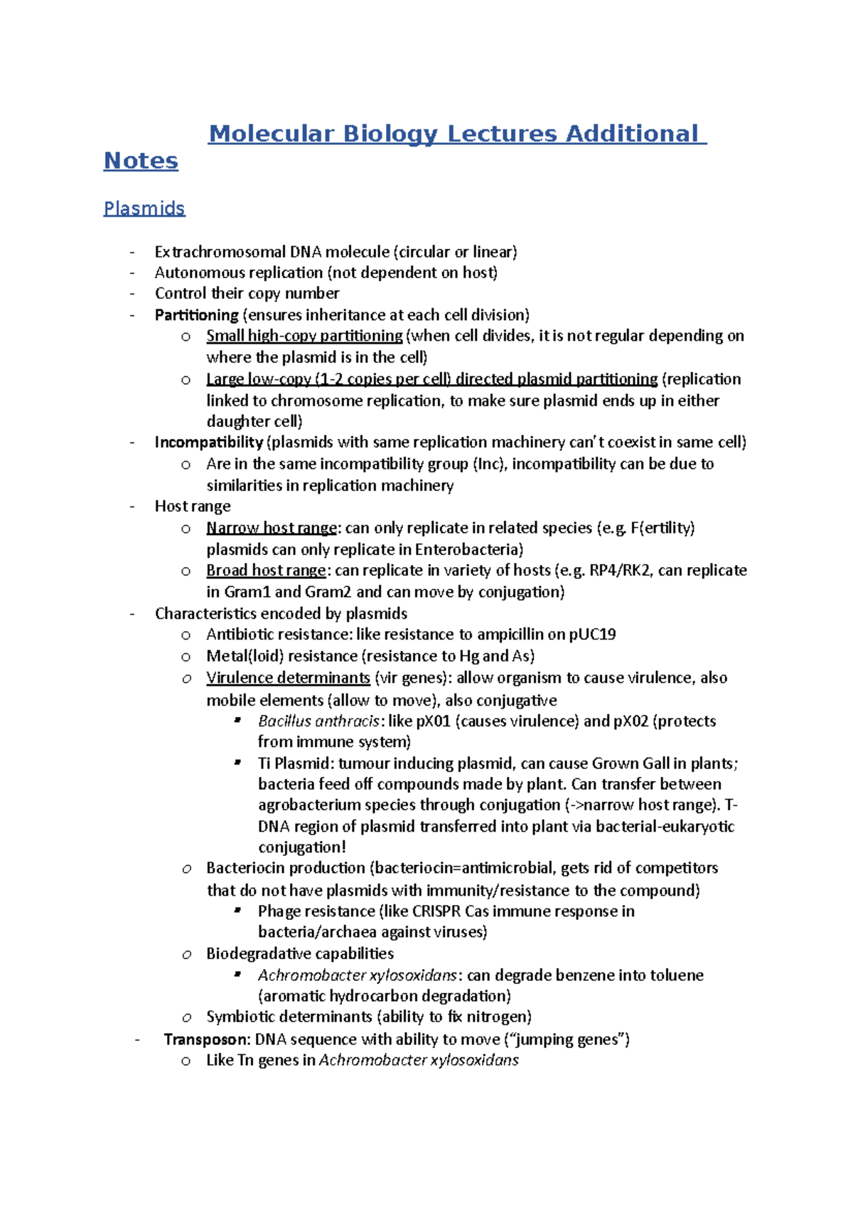 Molecular Biology Lectures Additional Notes - Notes Molecular Biology ...
