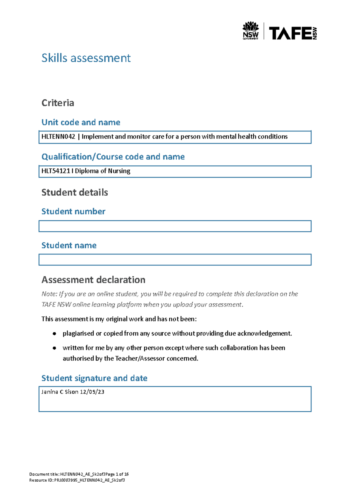 Hltenn 042 AE Sk2of3 - xfhn x - Skills assessment Criteria Unit code ...