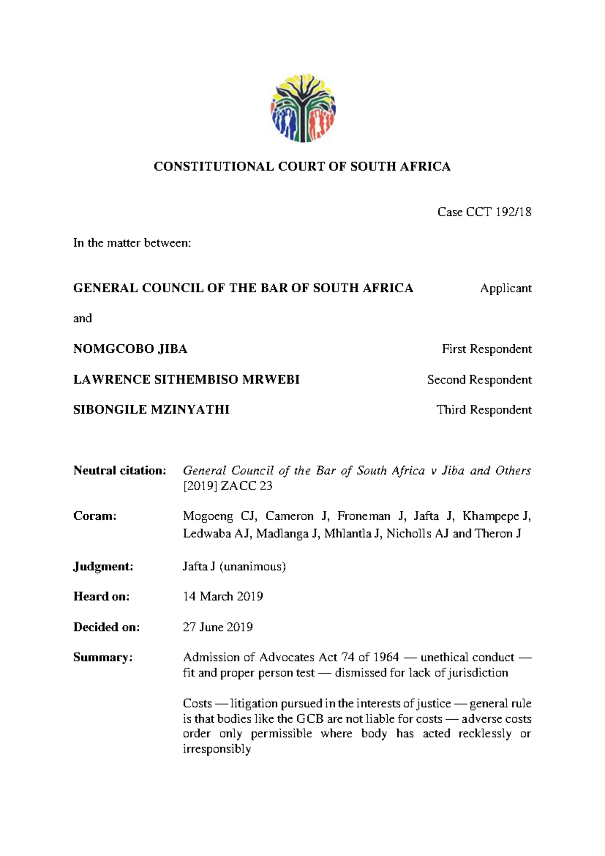 Full judgment Official version 27 June 2019 - CONSTITUTIONAL COURT OF ...