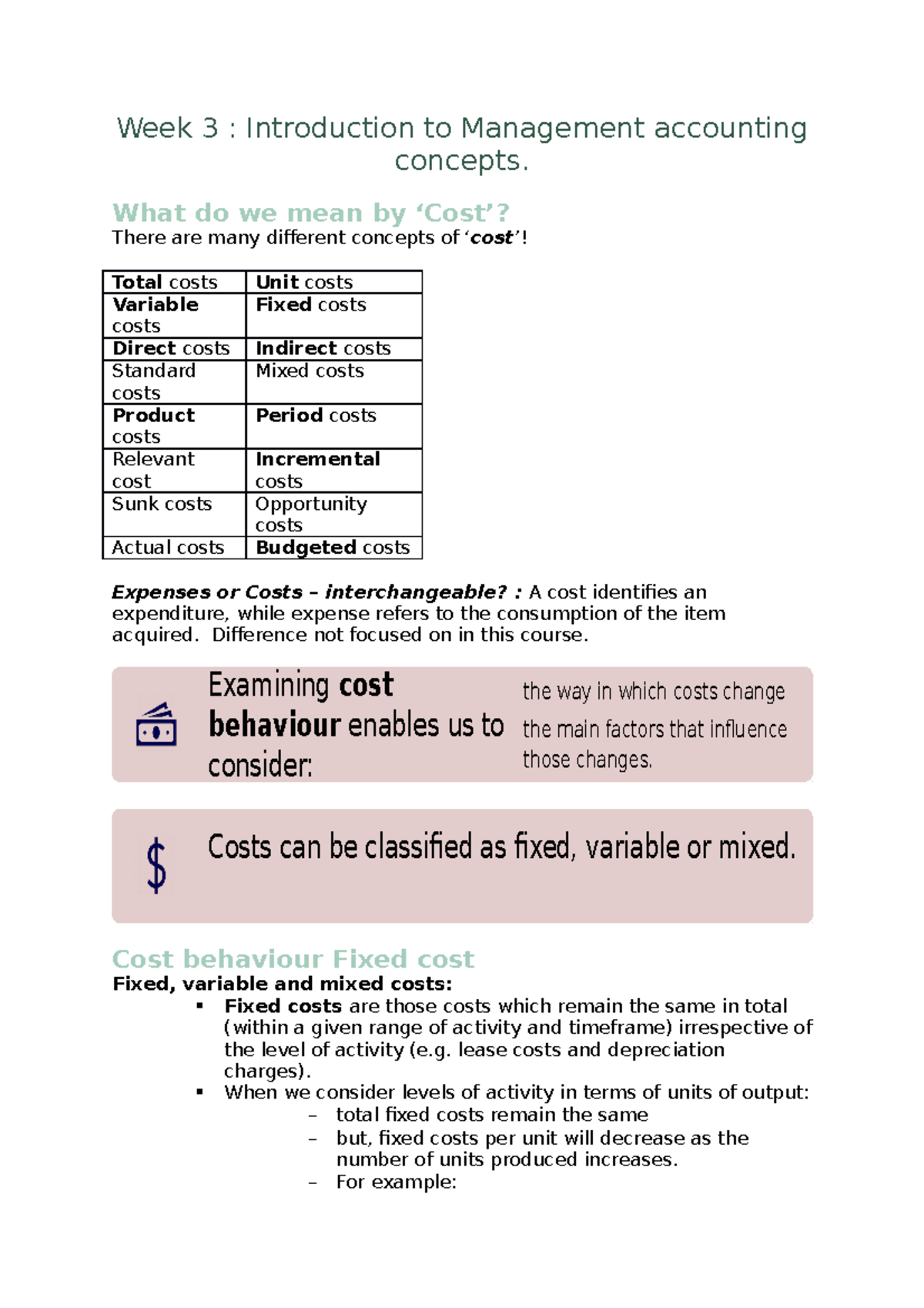 Topic 2 - Introduction to Management accounting concepts - Week 3 : Introduction to Management ...