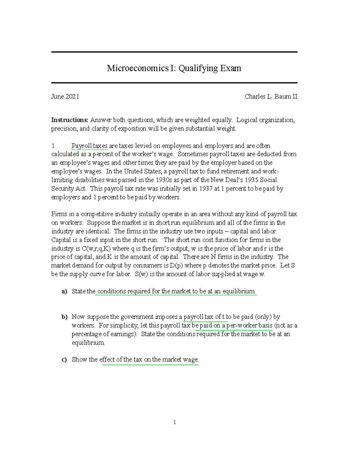 Outdated Qualifying Exam June 2021 - Microeconomics I: Qualifying Exam ...