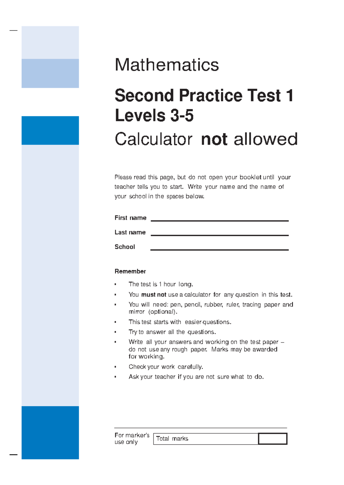 2nd Practice Test 1 Levels 3-5 – No Calculator [450k B] - Mathematics ...