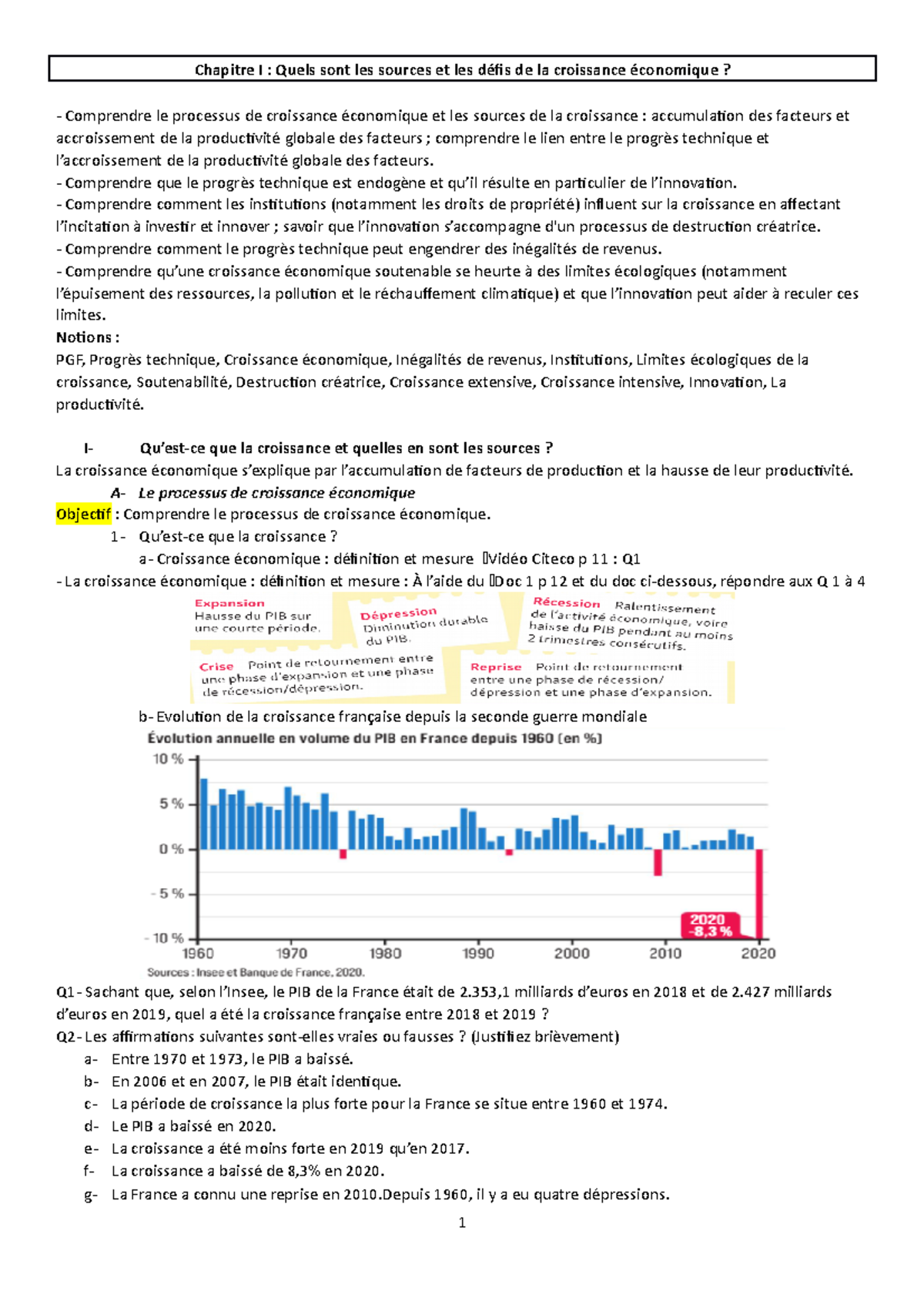 (cours ses) la croissance économique - Chapitre I : Quels sont les sources et les défis de la ...