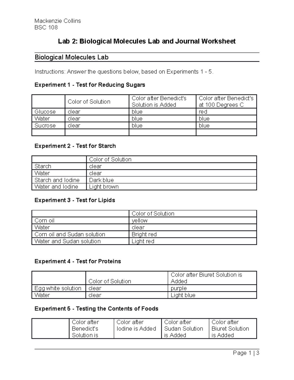 Lab-2-Biological-Molecules-Lab Worksheet - Mackenzie Collins BSC 108 ...