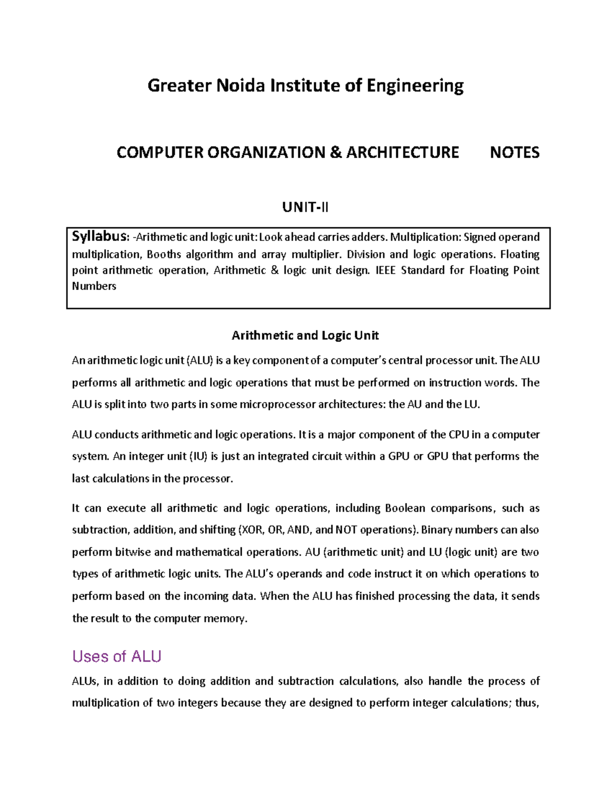 COA Notes - YES - Greater Noida Institute of Engineering COMPUTER ...
