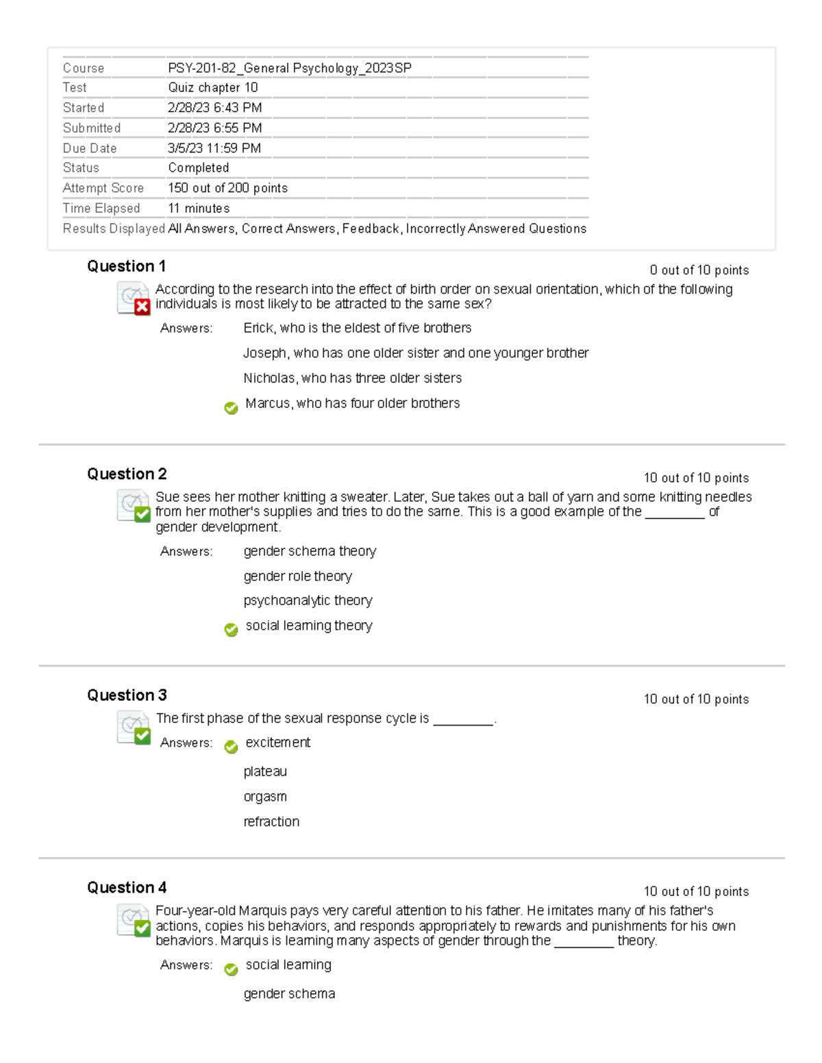 Psy chapter 10 quiz - Christa Guicherit - Course PSY-201-82_General ...