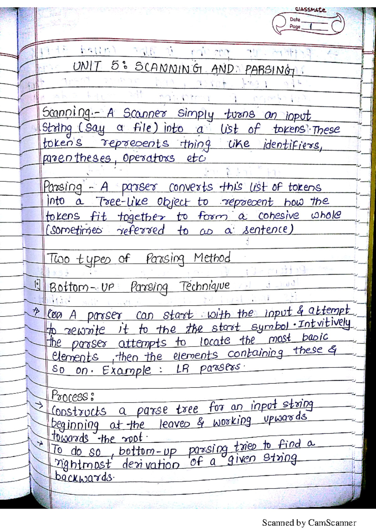 SP - Scanning & Parsing - Learn this - CLASSMATE Date Page 1 UNIT 5 ...